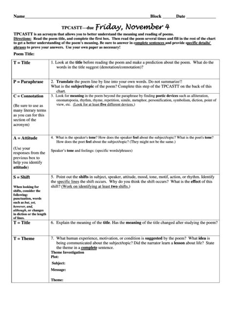 Tpcastt Worksheet Printable Pdf Download