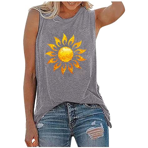 Plus Size Tank Tops For Women Floral Sun Graphic Print Tank Casual