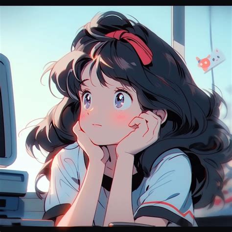 Anime Girl With Long Black Hair And Red Bow Staring At A Tv Generative