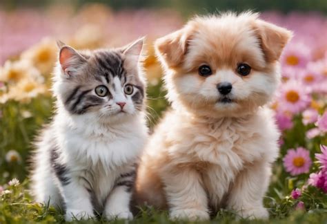 Gato E Cachorro Fofos E Adoráveis No Prado Ia Generativa Foto Premium