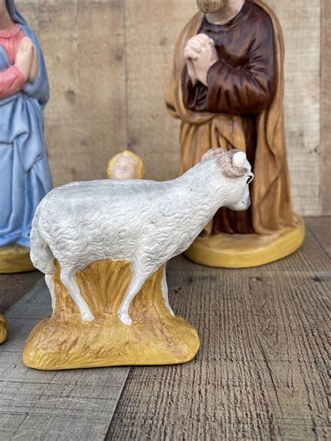Vintage Chalkware Nativity Set Mary Joseph Jesus And Sheep About 11