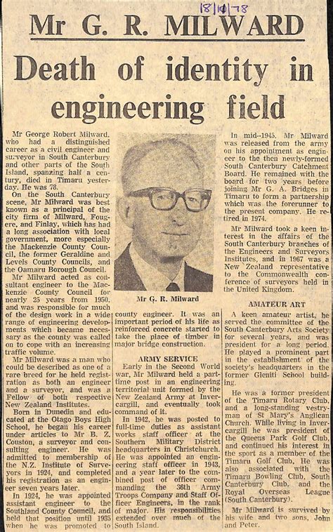 Mr G R Milward Death Of Identity In Engineering Field Aoraki