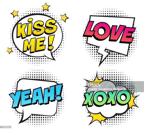 레트로 화려한 만화 연설 거품 흰색 바탕에 하프톤 그림자 설정 식 텍스트 네 사랑 키스 나 여 자가 등 개체 그룹에 대한 스톡 벡터 아트 및 기타 이미지 Istock