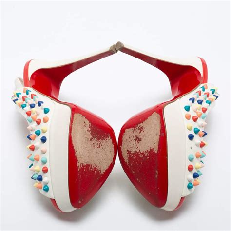 Christian Louboutin White Leather Lady Peep Multicolor Spikes Pumps