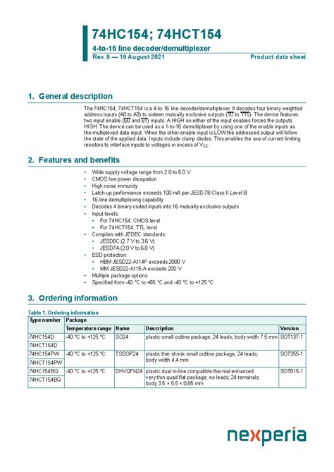 74hc Hct154 2937249 4x16 Decoder 74hc154 74hct 4 To 16 Line Decoder Demultiplexer Rev 9