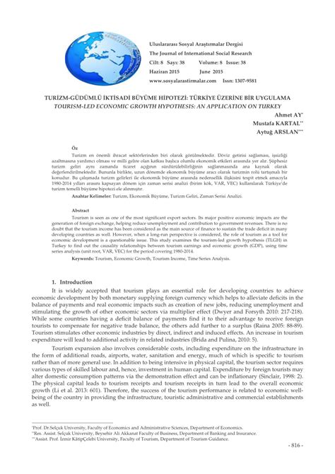 Pdf Tourism Led Economic Growth Hypothesis An Anpplication On Turkey