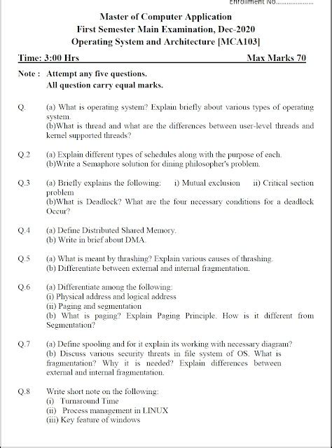 Dr A P J Abdul Kalam University MCA I SEM Second Year Operating System And Architecture