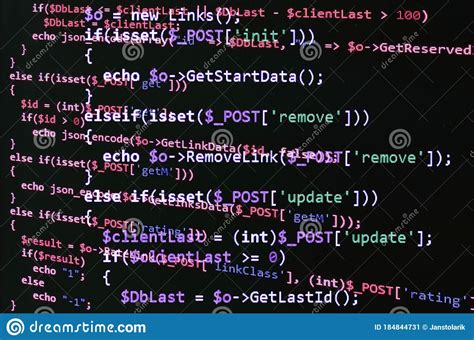 php code on black screen red text stock image image of javascript