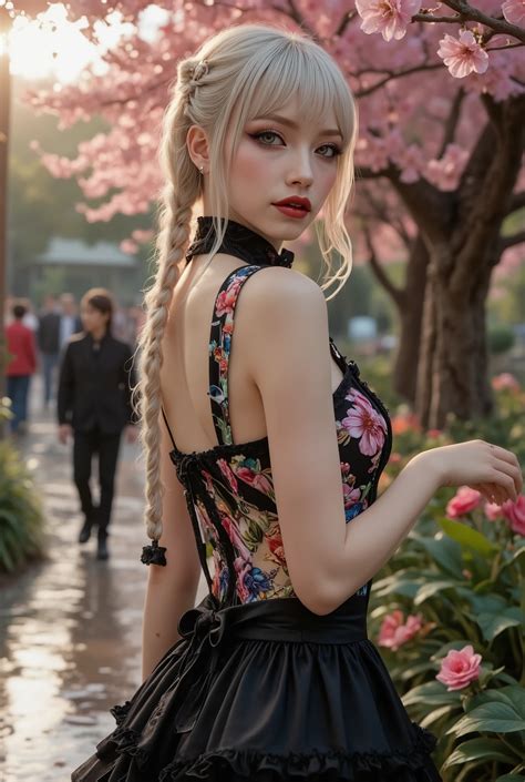 Blond Woman In A Black Dress Posing In A Park With Pink Flowers Seaart Ai