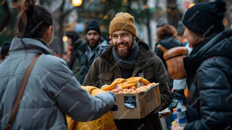 Volunteers Handing Out Blankets And Food To Homeless People In A City