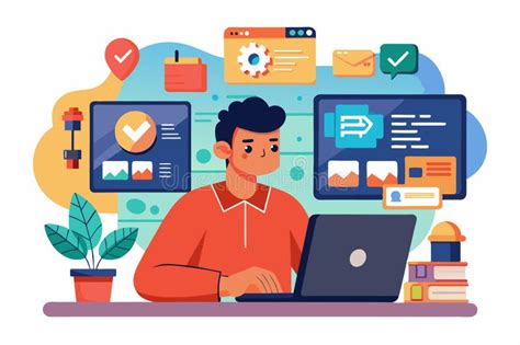 A Man Uses A Laptop With Developer Icons And Charts Showing