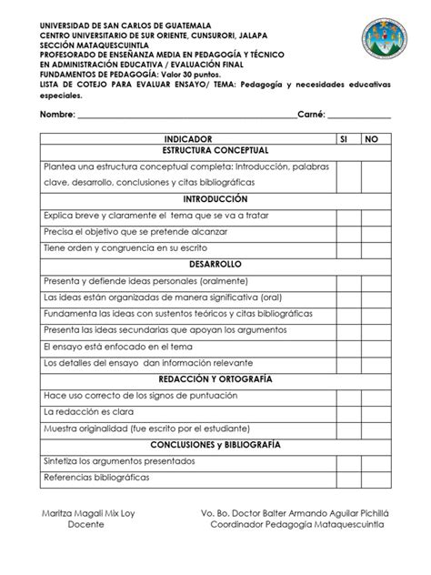 Lista De Cotejo Para Evaluar Ensayo Pdf