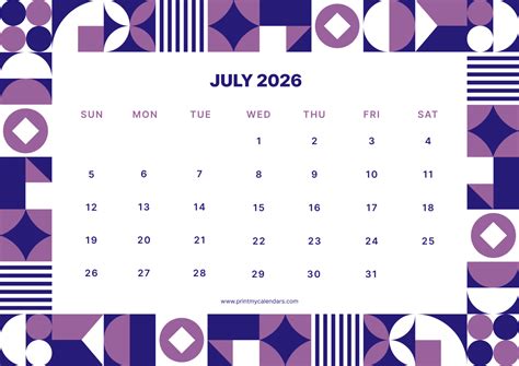 Free July Printable Calendar 2026 Pdf Blank Aesthetic Templates