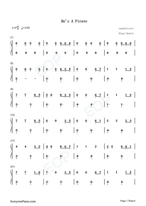 Hes A Pirate 简单版双手简谱预览1 钢琴谱文件（五线谱、双手简谱、数字谱、midi、pdf）免费下载