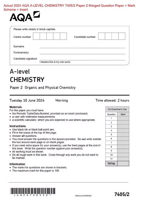 Actual 2024 Aqa A Level Chemistry 74052 Paper 2 Merged Question Paper