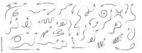 A Set Of Arrows Drawn By Hand With Charcoal Or Brush Curved Twisted And Straight Pointers In