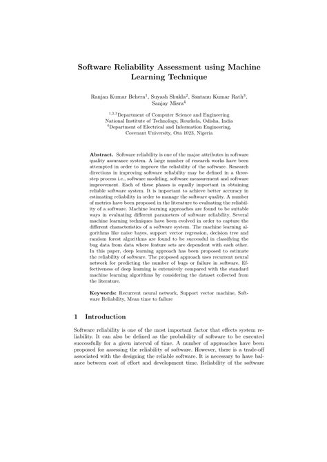 Pdf Software Reliability Assessment Using Machine Learning Technique