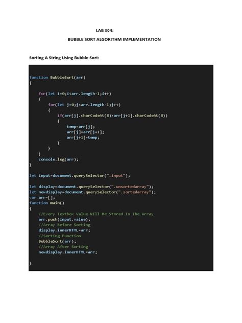 Lab 04 Bubble Sort Algorithm Implementation Bubblesort Pdf