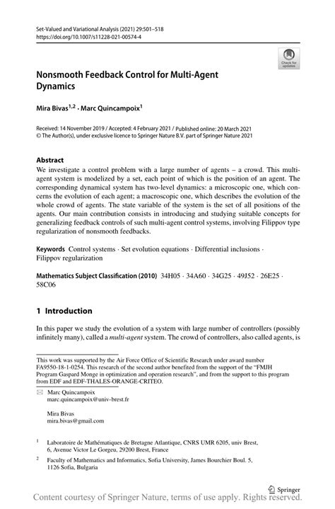 Nonsmooth Feedback Control For Multi Agent Dynamics Request Pdf