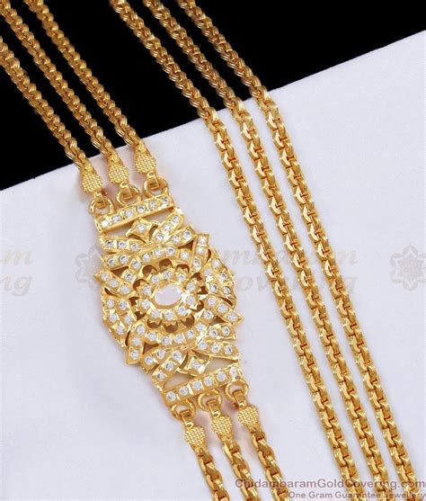 30 Inch Long Full White Stone 3 Line Mugappu Thali Chain Mch1369 Lg