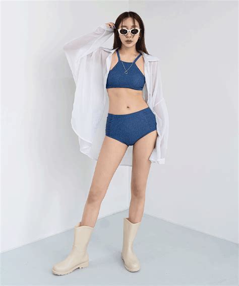 데님 비키니 투피스 수영복 에이블리