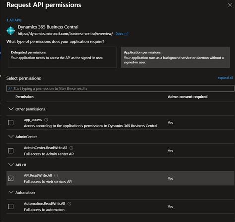 portal and business central oauth application permissions configuration