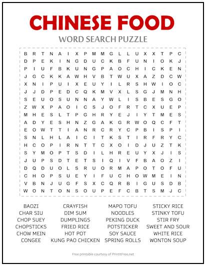 Oriental Chinese Food Word Search Puzzle Activity Vocabulary Worksheet