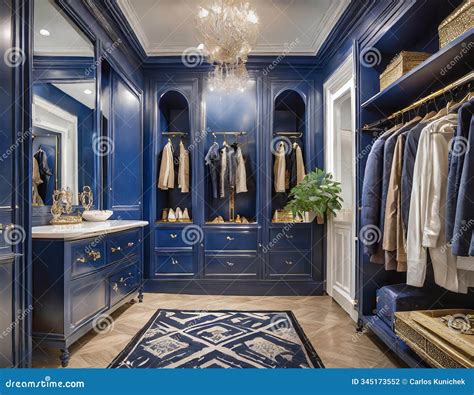 A Luxurious Sophisticated Walk In Closet With A Deep Blue Color Scheme