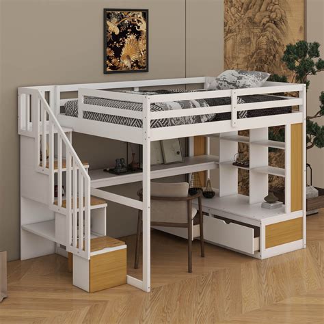 Harriet Bee Wood Full Size Loft Bed With Desk And Shelves Loft Bed