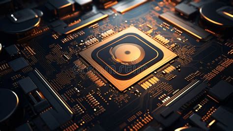 Close Up Representation Of A Quantum Processor Chip With Lights Around