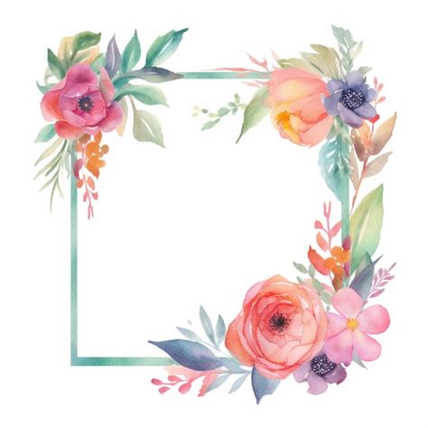 Premium Photo Watercolor Square Frame With A Green Rectangle And Flowers