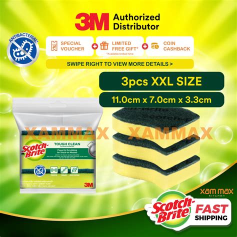 3m Scotch Brite 3pcs 6pcs 21 Ab Tough Clean Scrub Sponge Antibacteria