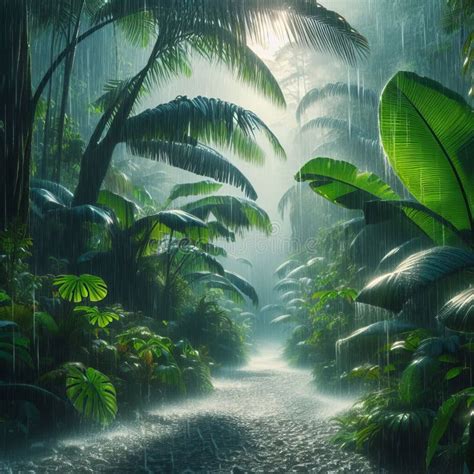 Lush Tropical Rainforest Path In Heavy Rainfall Stock Image Image Of