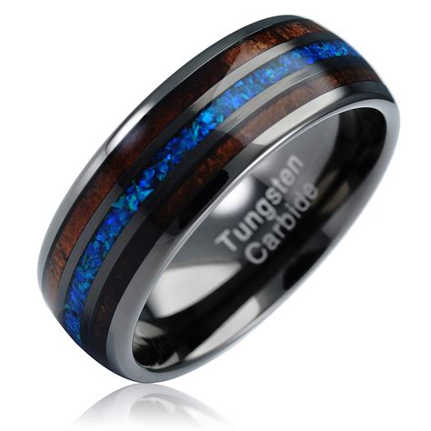 100s Jewelry Gunmetal Tungsten Ring For Men Koa Wood Blue Opal Inlaid