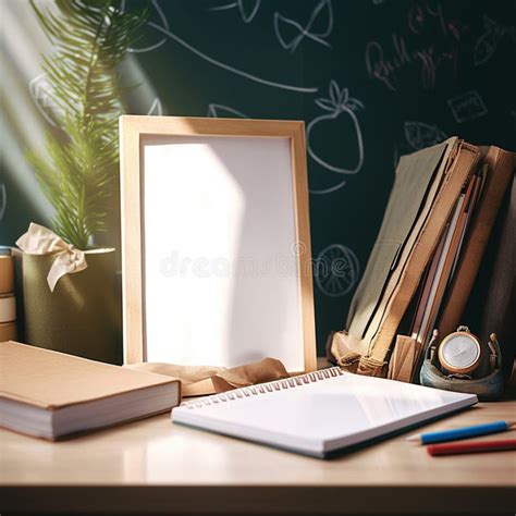 Classroom Scene White Photo Frame Book And Colored Pencils Stock