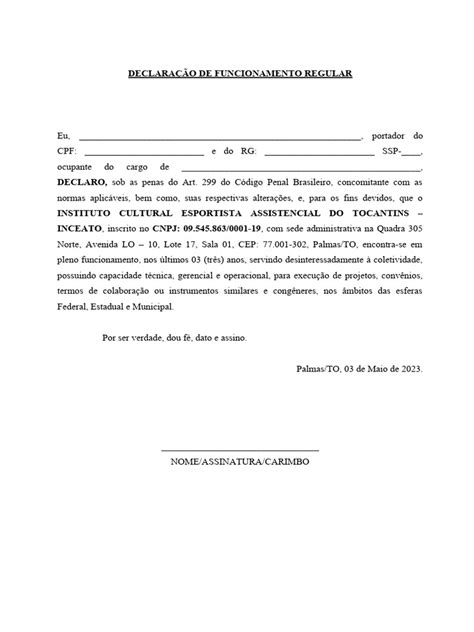 Modelo De Declaração De Funcionamento Regular Pdf