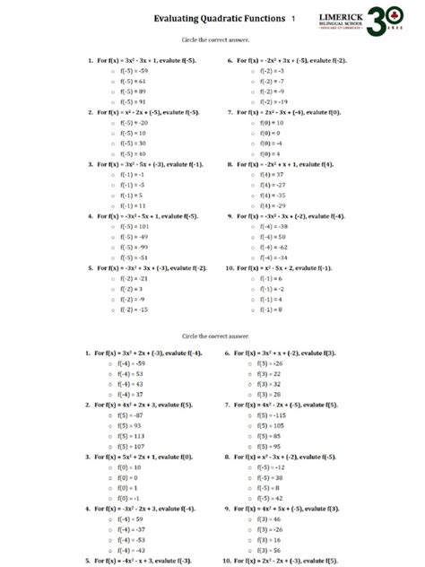 Evaluating Quadratics 1 Pdf