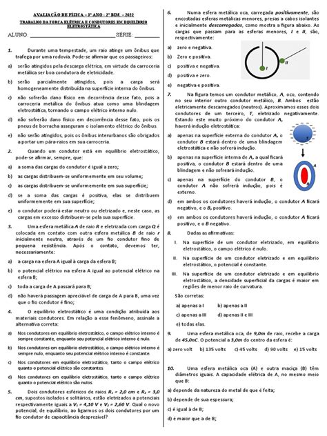 Avaliaçao De Fisica Condutores Em Equilibrio Eletrostatico Pdf Carga Elétrica Condutor