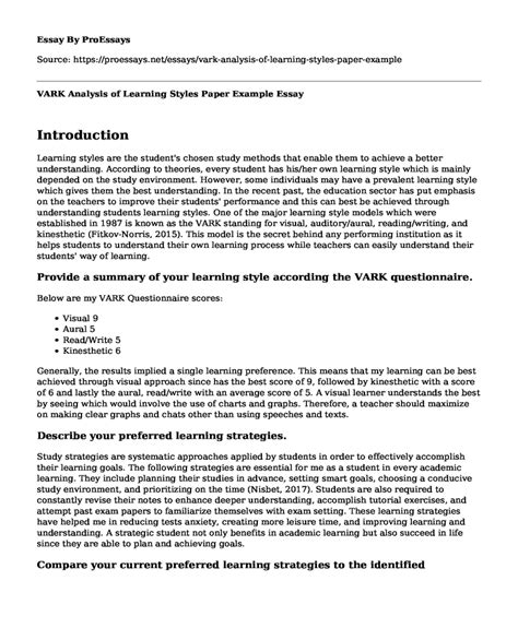 📌 Vark Analysis Of Learning Styles Paper Example Free Essay Term