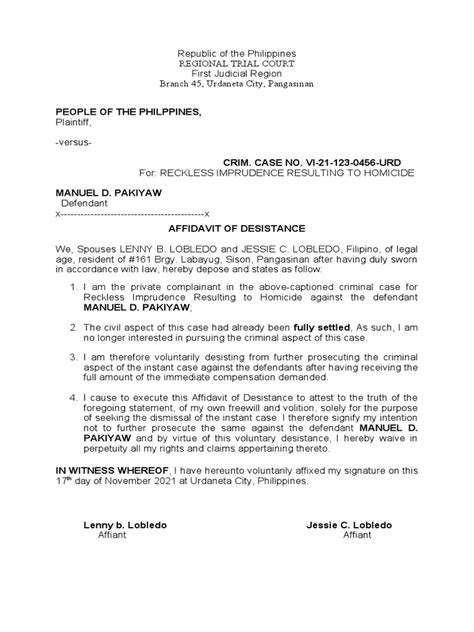 Affidavit Of Desistance Reckless Imprudence Homi Pdf
