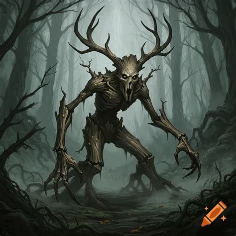 Dark Fantasy Illustration Of A Tree Like Monster With Antlers And