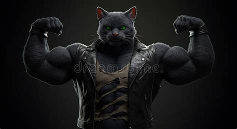 A Muscular Anthropomorphic Cat With Gray Fur And Vivid Green Eyes