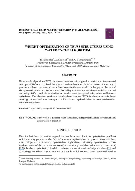 Pdf Weight Optimization Of Truss Structures Using Water Cycle Algorithm