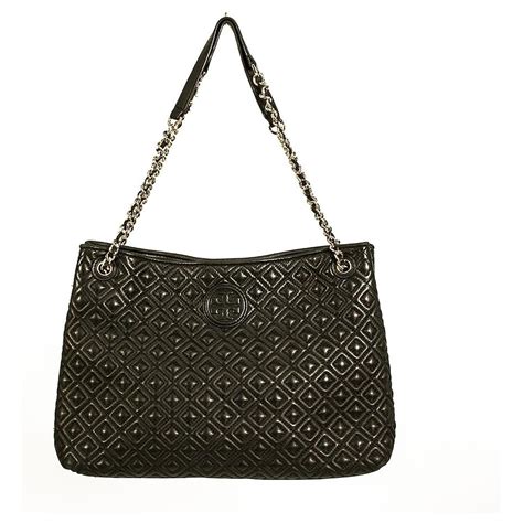 Tory Burch Marion Black Diamond Quilted Leather Chain Strap Tote Bag