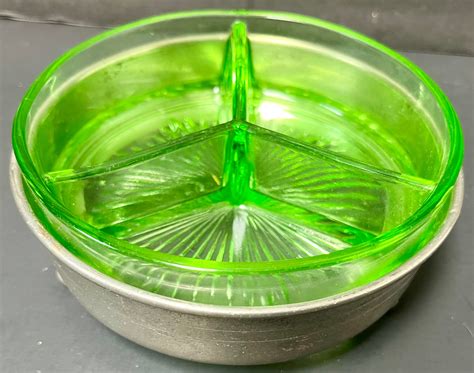 Vintage Green Depression Glass 3 Section Condiment Dish 5 Inches In