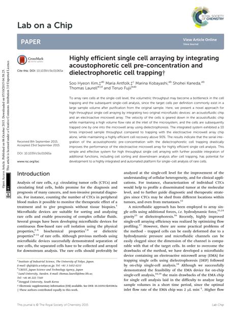 Pdf Highly Efficient Single Cell Arraying By Integrating Acoustophoretic Cell Pre