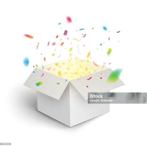 흰색 선물 상자 색종이 폭발 마법의 오픈 깜짝 선물 상자 패키지 장식 상자에 대한 스톡 벡터 아트 및 기타 이미지 상자 놀라움 인센티브 Istock