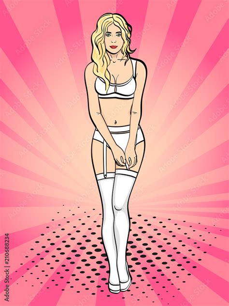 Pop Art Background Pink Sun Rays Attractive Young Slim Woman Dressed