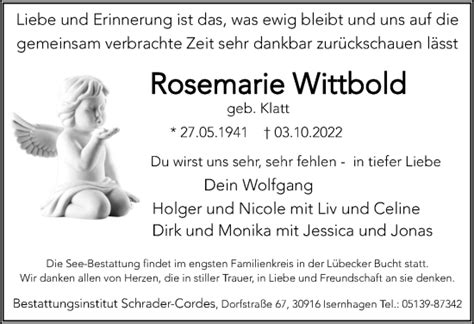 Traueranzeigen Von Rosemarie Wittbold Trauer Anzeigende