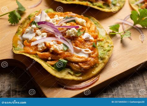Chicken Tinga Tostadas With Cheese And Avocado Mexican Food Stock